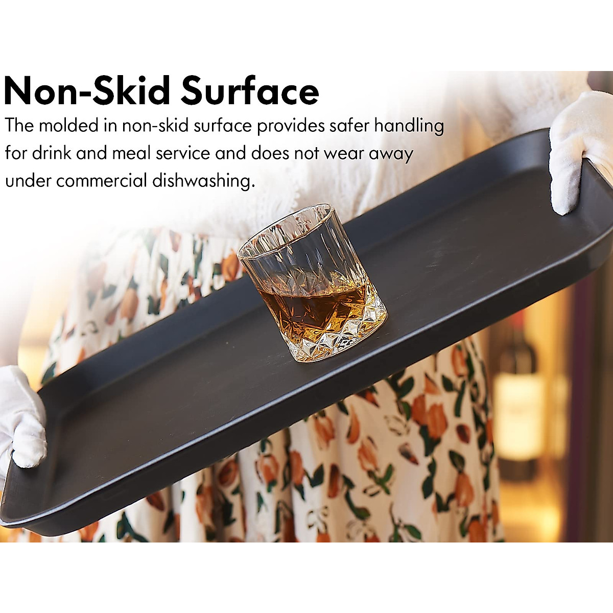 CURTA 2-Pack Restaurant Grade Non-Slip Tray, NSF, 18 Inch x 14 Inch, Plastic Rubber Lined Anti-Skid Rectangular Serving Tray, Black