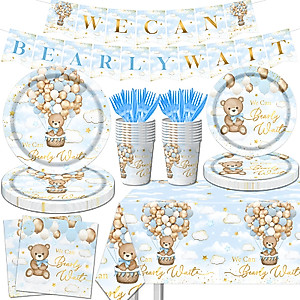 We Can Bearly Wait Bear Baby Shower Decorations, 142pcs Bear Baby Shower Plates and Napkins Set, Cups Banner Tablecloth for Boy Teddy Bear Baby Shower Party Supplies (Blue)