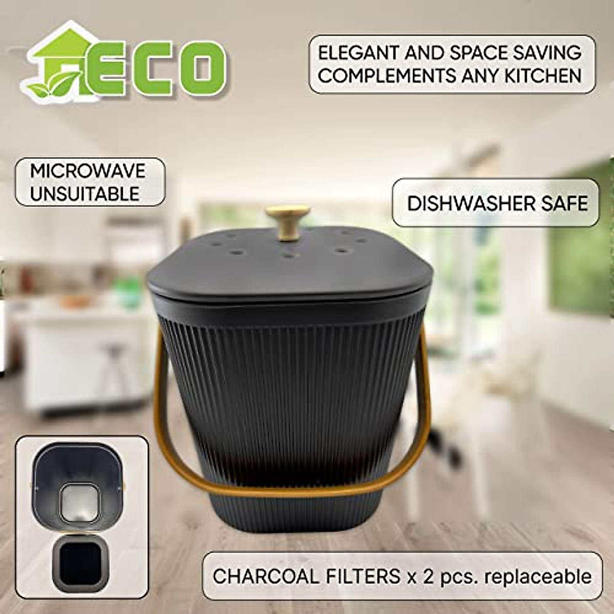 Compost Bin Kitchen - Compost Bin with Charcoal Dual Filter and Lid - Sustainable Bamboo Fiber Kitchen Compost bin countertop - Composter