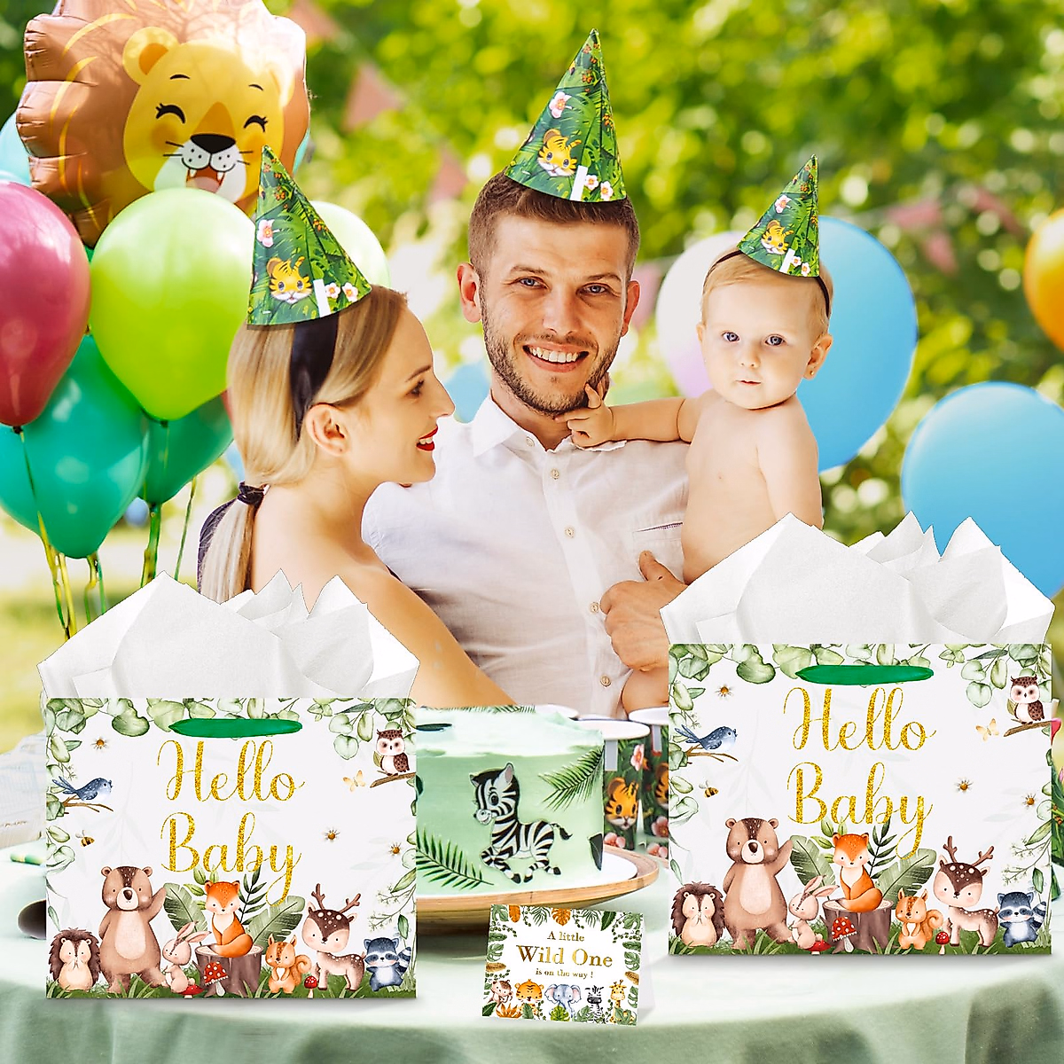 Baby Shower Paper Bag Hello Baby Large Gift Bag Woodland Animals Sage Green Baby Girl Boy Wrapping Paper with Tissue Paper Card for Baby Shower Birthday Gender Reveal Party Favors Decorations Supplies