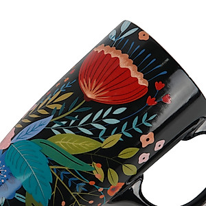 DUSVALLY Ceramic Mug Large Coffee Cup Tall Mugs Porcelain Latte Tea Cup with Lid and Color Box 17oz.Black and Colorful Flowers
