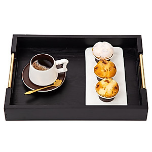 Decorative Coffee Table Ottoman Trays Modern Wood Elegant 16"x12" Rectangle Glossy Shagreen Serving Trays with Gold Metal Handles -Drinks, Liquor Serving Platter for All Occasion's(Black)