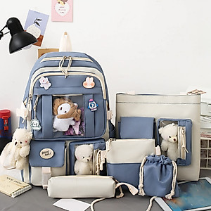 LIK EPOCH Kawaii Backpack 5Pcs Set Aesthetic Backpack 17in Preppy Backpacks with Badge&Pendant,Shoulder Bag,Pencil Box,Tote Bag,Lucky Bag(Blue)