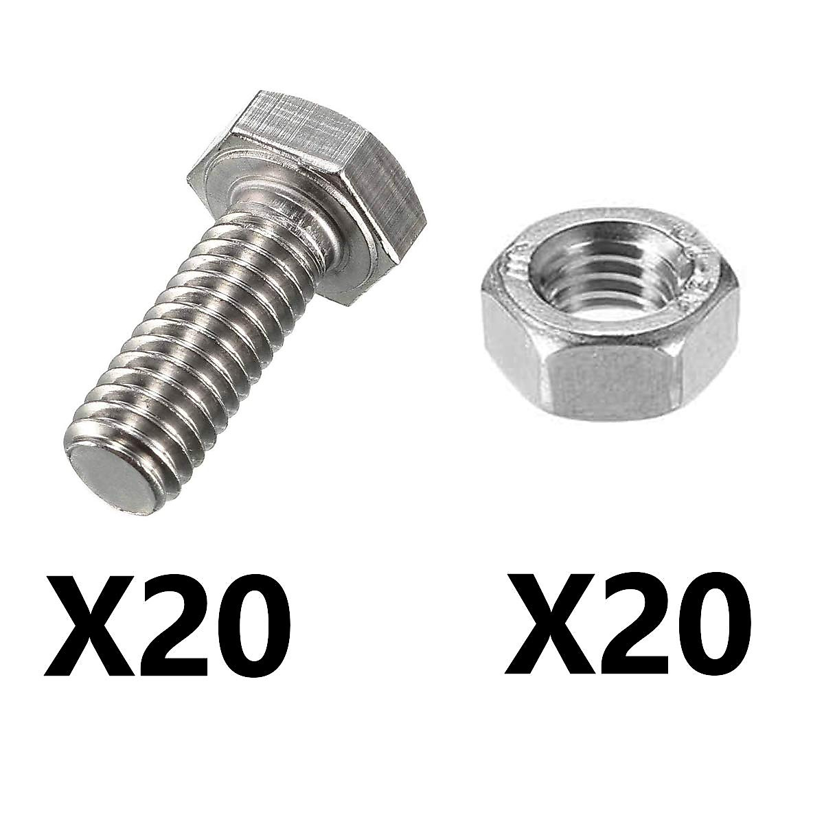 20 Set Hex Bolt Hex Head Screw Bolts 304 Stainless Steel Fully Threaded Hex Tap Bolts with Nut（M6x16mm）