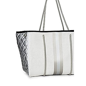 Haute Shore - Greyson Vapor Neoprene Tote Bag w/Zipper Wristlet Inside, White Coated W/Silver & Rosegold Stripe, One_Size