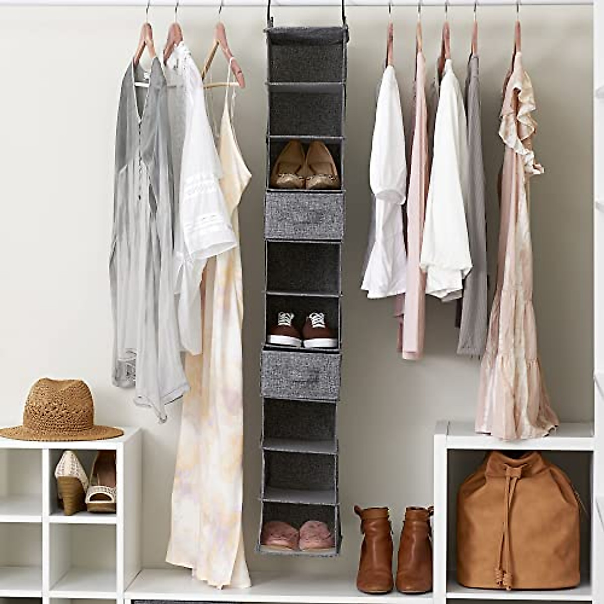 Household Essentials 10 Closet Organizer with Hooks Hanging Shelf, Graphite