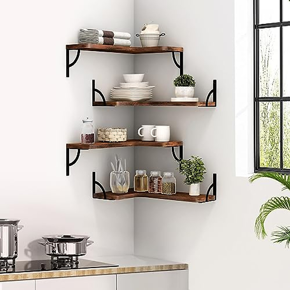 Canupdog Corner Floating Shelf Wall Mount 4 Tier Wood Floating Shelves, Easy-to-Assemble Tiered Wall Storage, Wall Organizer for Bedrooms, Bathrooms, Kitchens, Offices (Rustic Red)