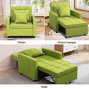 Convertible Chair Bed - Folding Sofa Bed Chair with Adjustable Backrest, 3-in-1 Multi-Functional Pull Out Sleeper Chair Bed Single Armchair Sofa Bed with Side Pocket (Green)