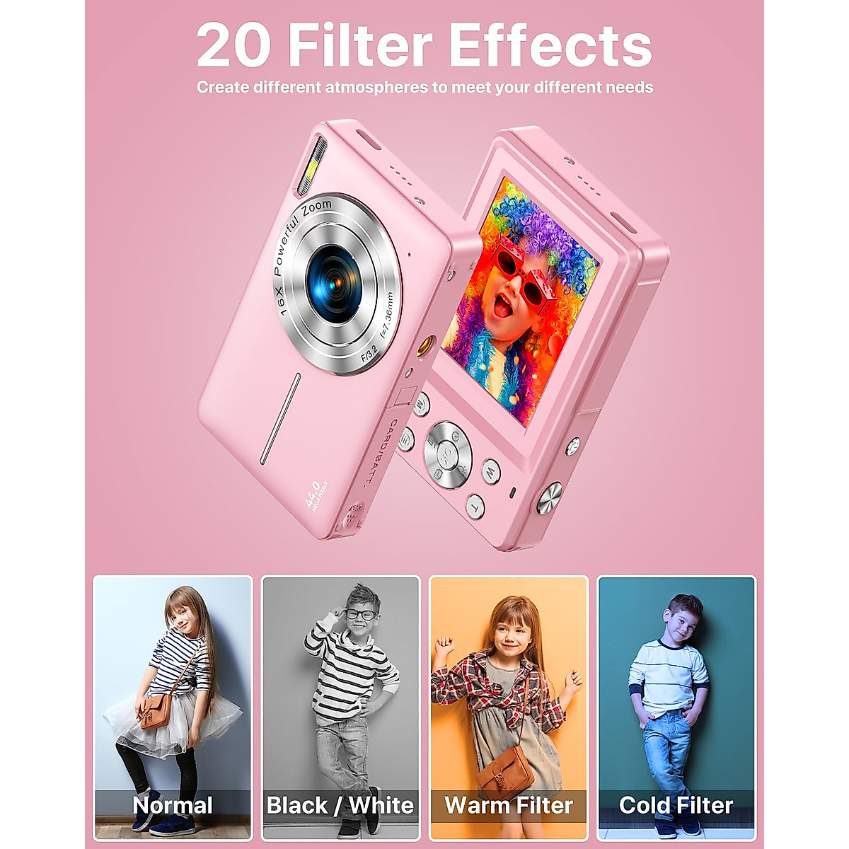 Digital Camera, FHD 1080P Kids Camera 44MP Compact Digital Camera with 32GB Card, 1 Batteries 16X Digital Zoom Point and Shoot Digital Cameras Gift for Kids Boys Girls Teens (Pink)