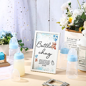 Roowest Bottle Chug Baby Shower Game Favors including Bear Theme Bottle Chug Game Wooden Sign and 18 Pcs Blue Baby Bottles for Baby Shower Game Gender Reveal Party Supplies