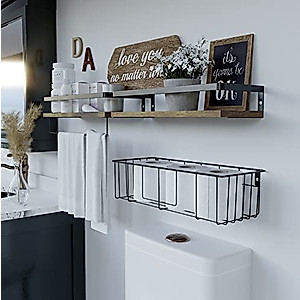 RICHER HOUSE Floating Shelves Set of 6, Rustic Wood Wall Shelf with Metal Frame, Extra Storage Rack for Bathroom, Kitchen, Bedroom with Tissue Rack & Towel Bar - Rustic Brown