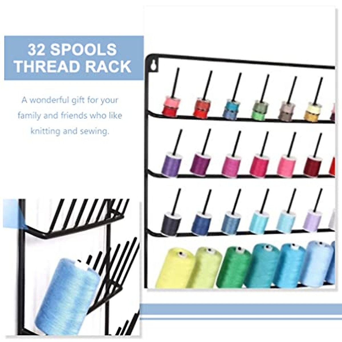VICASKY Spools Thread Rack Metal Thread Holder Organizer with Hanging Hooks for Embroidery Quilting and Sewing Threads Black