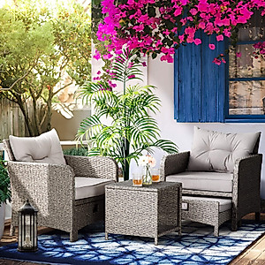 Pamapic 5 Pieces Outdoor Patio Wicker Chairs Set with Ottoman .Outside Conversation Furniture set with Cushions and Coffee for Balcony Porch Lawn Garden Table(Grey Cushion+Light Grey Rattan)