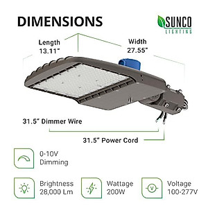 Sunco LED Parking Lot Light, Pole Outdoor Street Light 200W Dusk to Dawn Photocell HID Replacement, 5000K Daylight, 26000 LM, Dimmable 1-10V, Waterproof Commercial Grade UL Listed