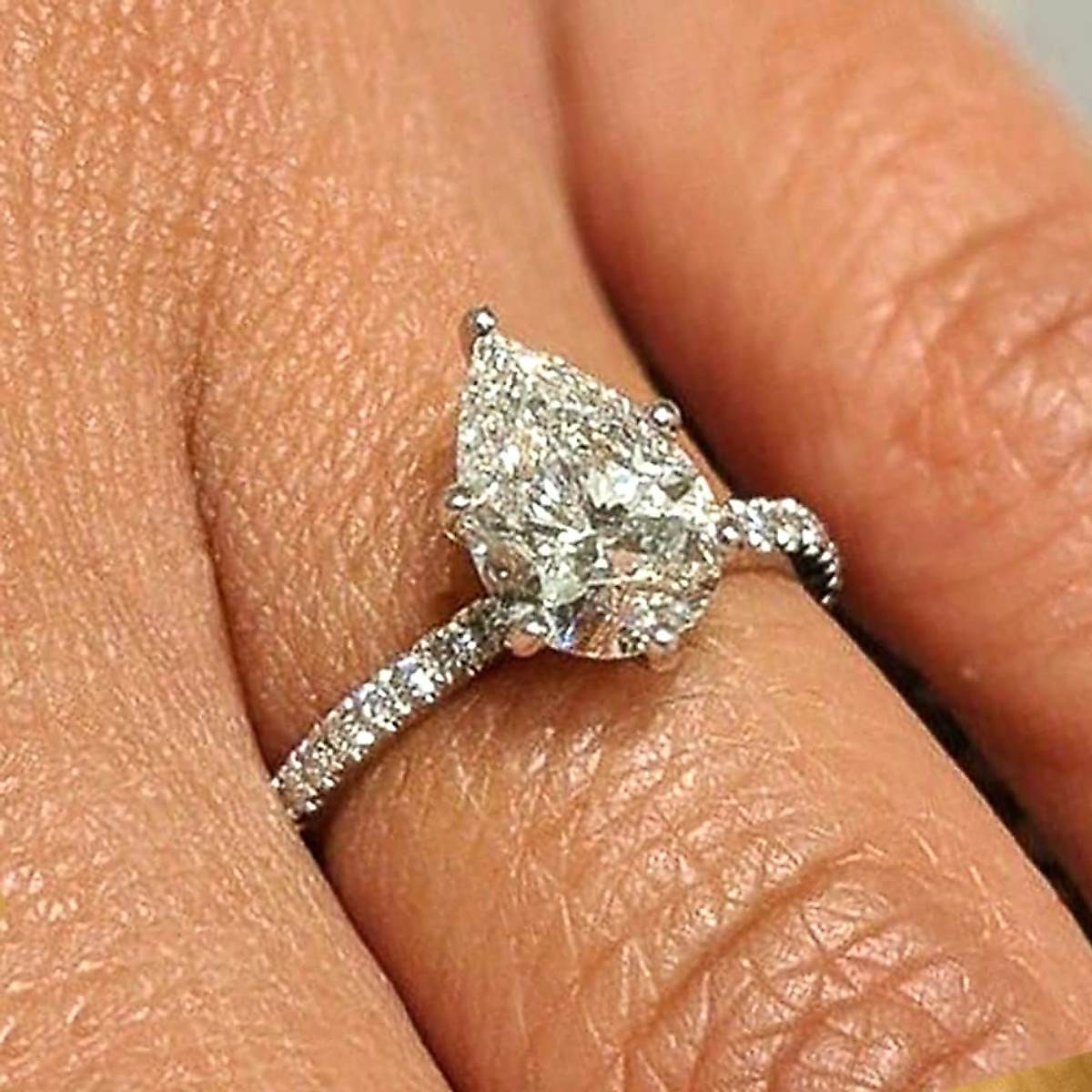 Koguxuix 2 Carats Teardrop Pear Cut Cubic Zirconia CZ Cryatal Rhodium Plated Sterling Silver for Women Solitaire Wedding Engagement Ring (7)