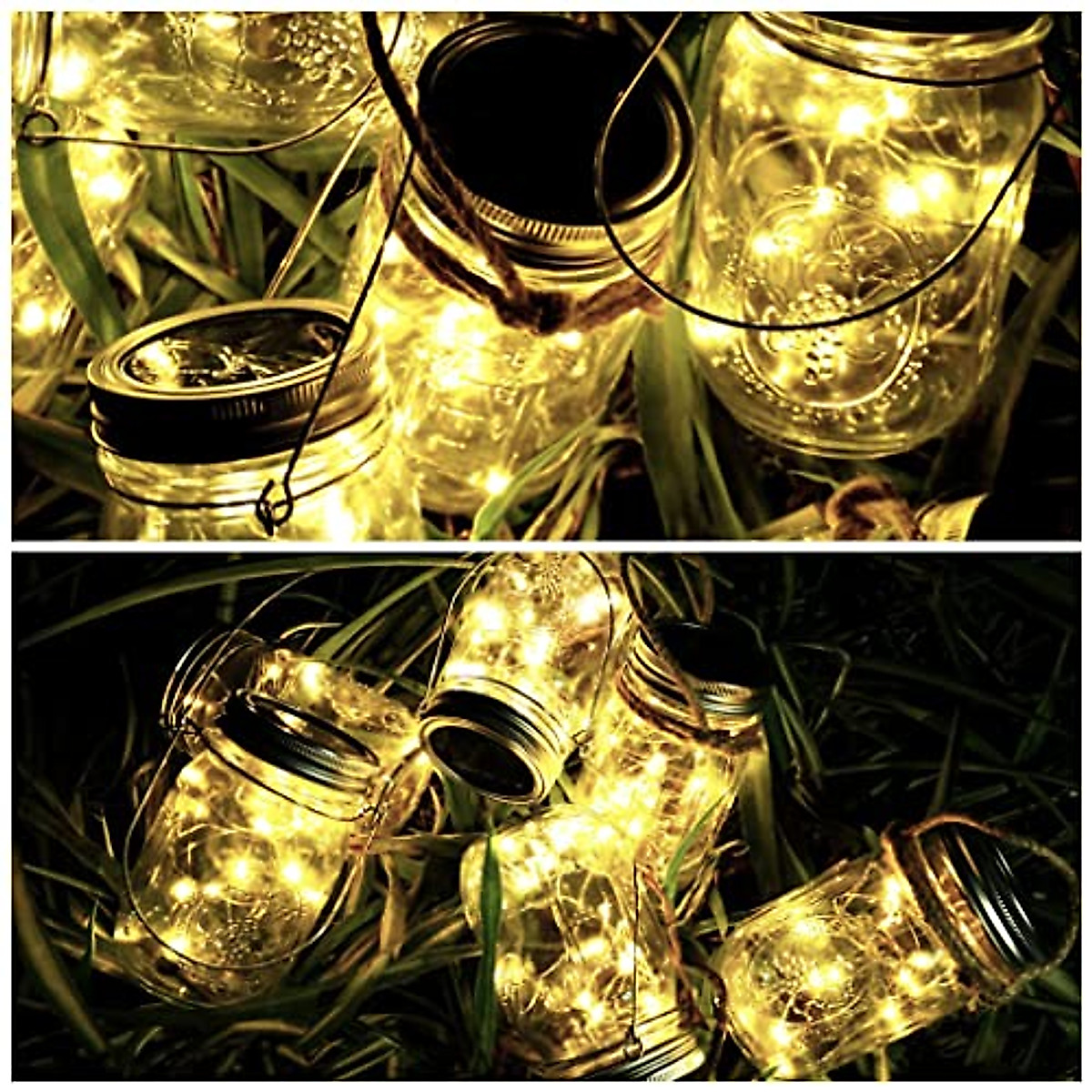 Solar Mason Jar Light Lids 10 Pack 20 LED Fairy String Light Inserts for Jars with Hangers Starry Lighting Waterproof Rust Resist for Patio Lawn Garden Wedding Lantern Decor No Jars (Warm White)