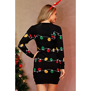 Christmas Womens Tight Crew Neck Ugly Sweater Dress Elf Casual Long Sleeve A Line Holiday Santa Costume Xmas Light L