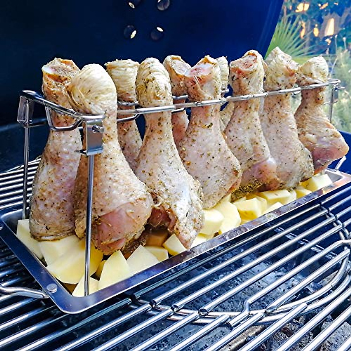 Chicken Leg Rack for Grill with Drip Tray - Easy to Use 14 Slots Chicken Wing Rack - Premium Stainless Steel Chicken Drumstick Rack for Smoker - Chicken Drumstick Holder for Grill Accessories