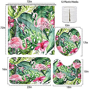 Britimes 4 Piece Shower Curtain Sets, with 12 Hooks, Tropical Leaf Flamingo with Non-Slip Rugs, Toilet Lid Cover and Bath Mat, Durable and Waterproof, for Bathroom Decor Set, 72" x 72"