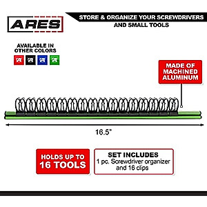 ARES 62028 - Green 16.5-Inch Hand Tool Holder - Aluminum Rail Stores up to 16 Screwdrivers or Small Tools and Keeps Your Garage Organized