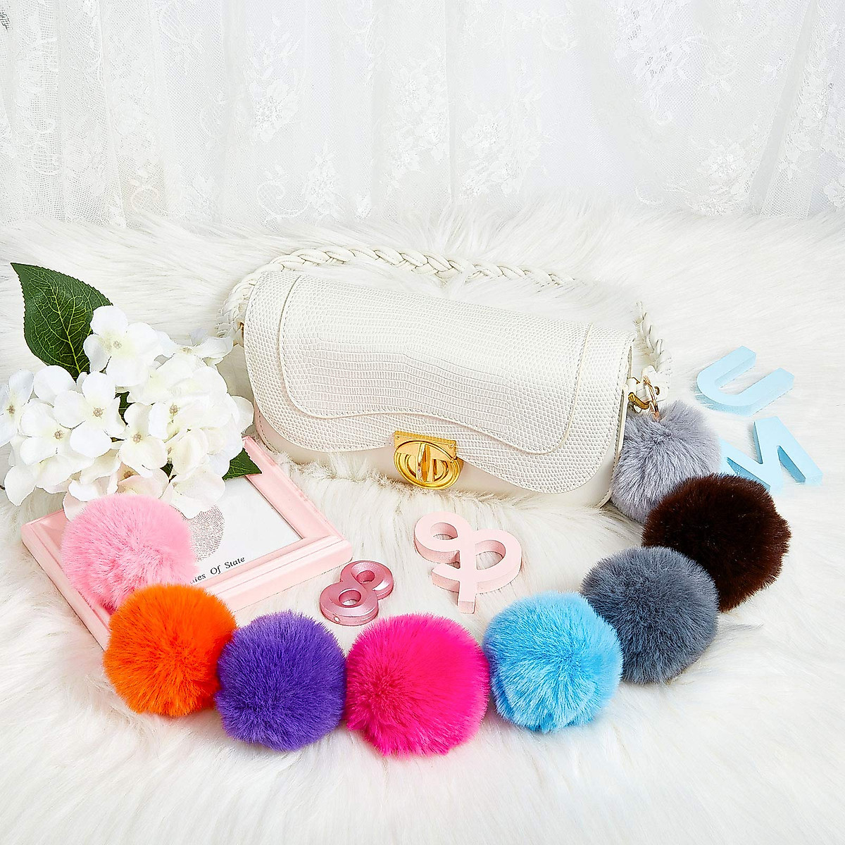 Hicarer 60 Pieces Colorful Poms Keychains Fluffy Ball Faux Fur Keyring for Women (3 Inch)