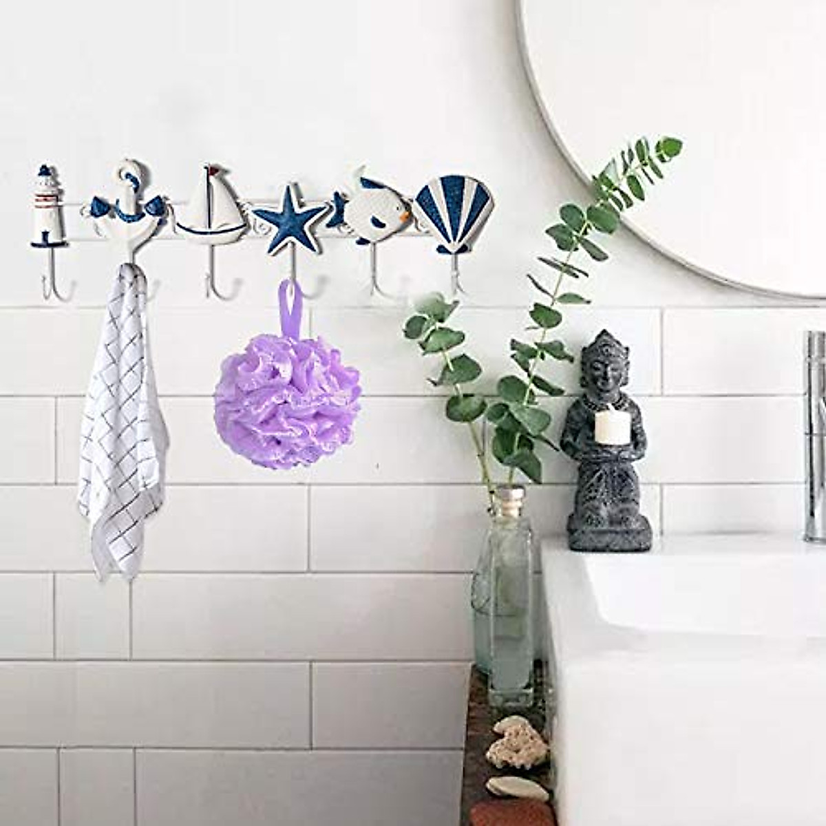 Nautical Themed Coat Hooks Wall Mounted Decorative Fish Sea Star Shell Sailboat Coat Hanger Beach Towel Holder - B