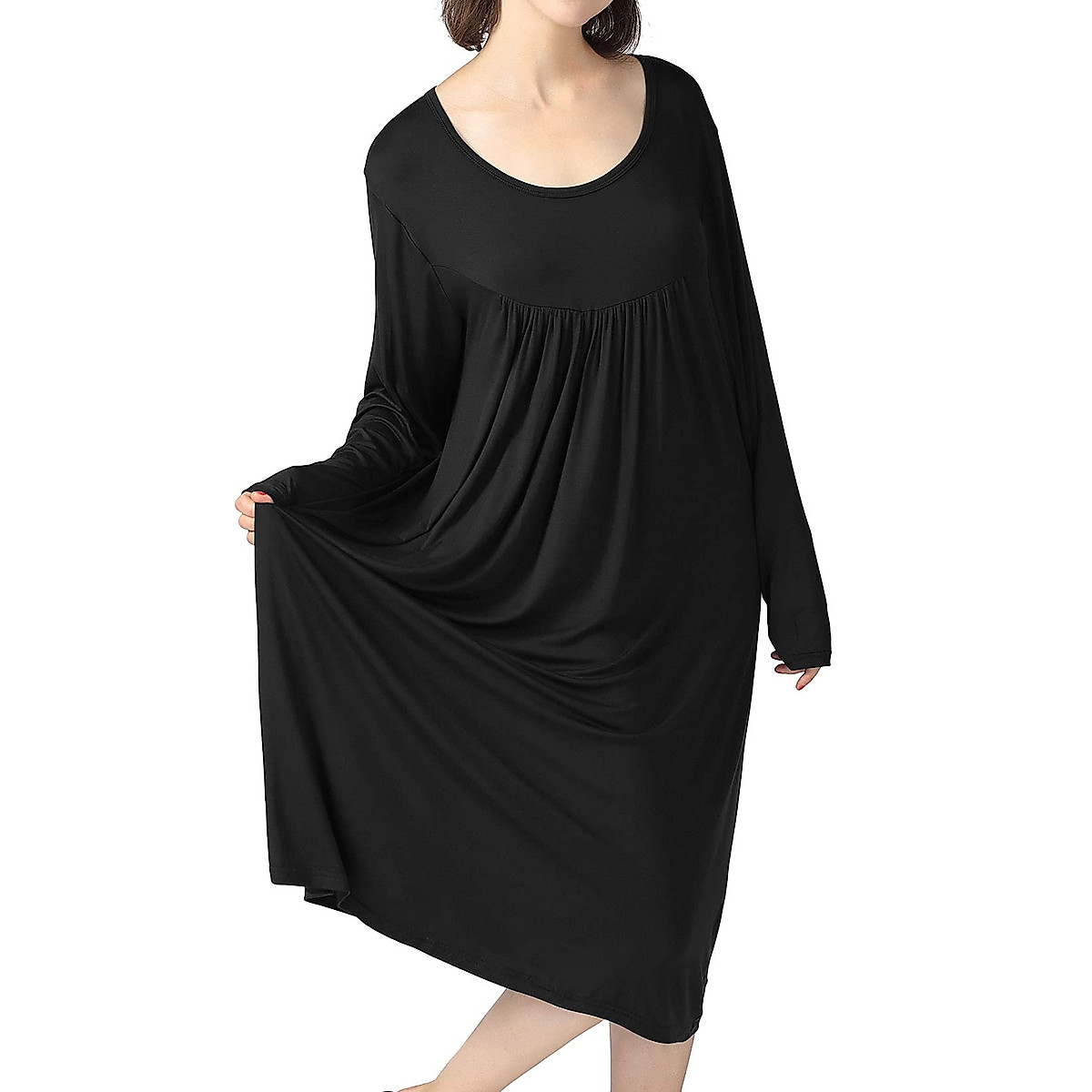 Lu's Chic Women's Plus Size Nightgown Long Sleeve Cotton Sleepwear Pajama Night Dress Soft Comfy Knee Length Pleated Stretchy Sleep Gown Black 3X