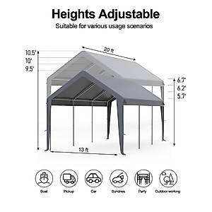 DEXSO Carport 13'x20' Portable Garage, with Heavy Duty Car Port Canopy, Height Adjustable Poles, Roll-up Doors & Windows, Large Outdoor Storage Shed for Pickup, Boat, and Equipment, Gray