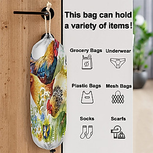 Rooster Plastic Bag Holder, Chicken Rooster Pattern Wall Mount Plastic Bag Organizer with Drawstring Grocery Shopping Bags Storage Dispenser for Home Kitchen Farmhouse Decor, 22X9 Inch