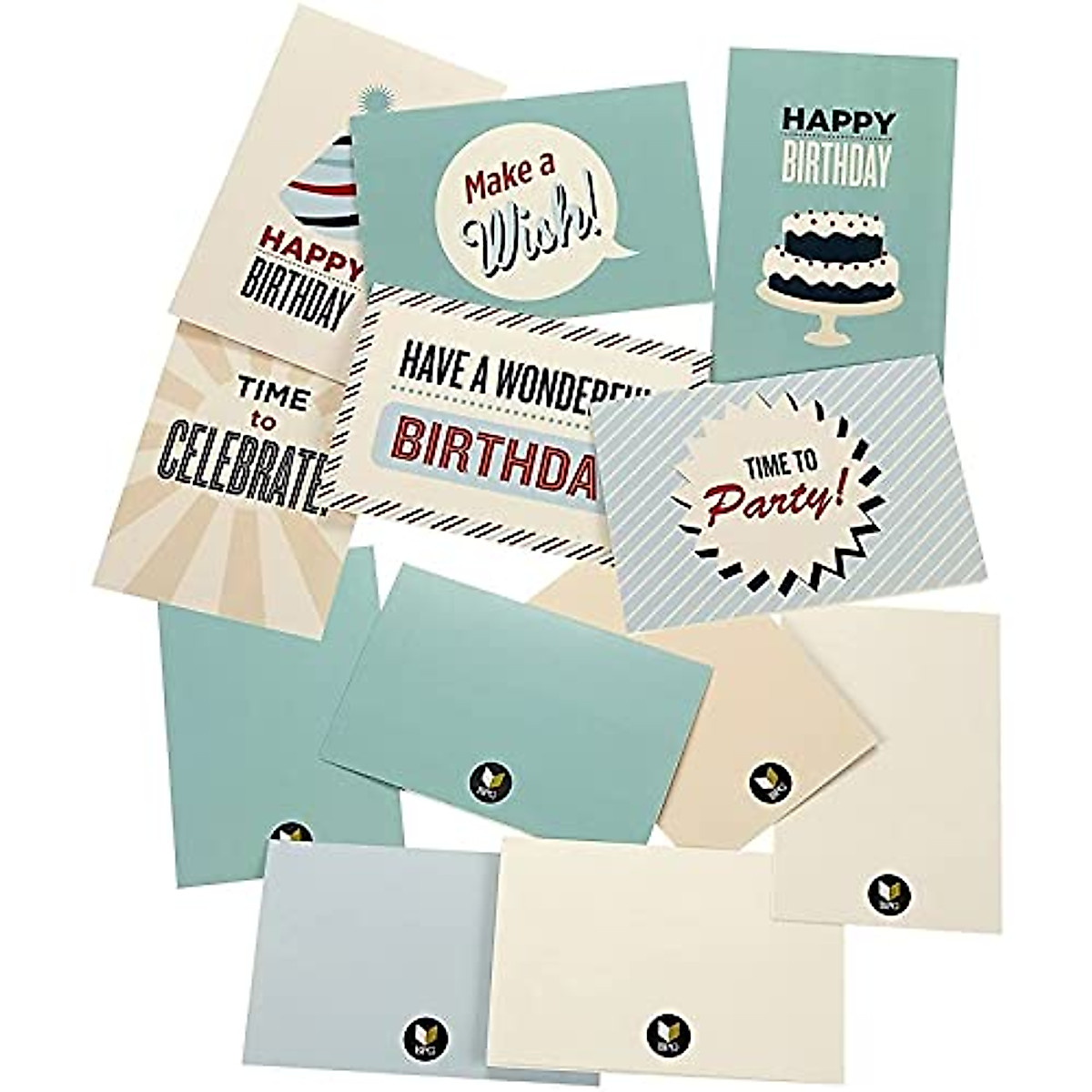48 Pack Happy Birthday Cards Boxed with Envelopes Bulk, 6 Assorted Blank Retro Party Designs 4x6