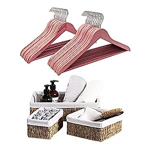 FairyHaus Natural Cedar Wooden Coat Hangers 18Pack & Seagrass Wicker Storage Baskets for Organizing 3Pack