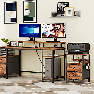 Furologee End Table with Charging Station, Nightstand with Fabric Drawers, Side Table with USB Ports & Outlets, Night Stand with Storage Shelf & Hooks, for Living Room/Bedroom, Rustic Brown