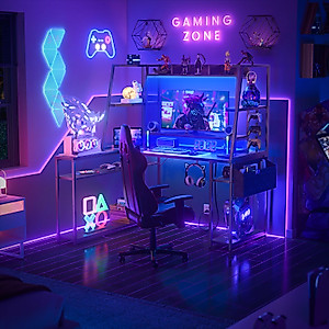 L Shaped Gaming Desk with Hutch & Shelves, 47'' Gaming Computer Desk with LED Lights & Power Strips, Reversible PC Gaming Desk L Shape with Storage, L Desk for Gaming with Monitor Stand, Black