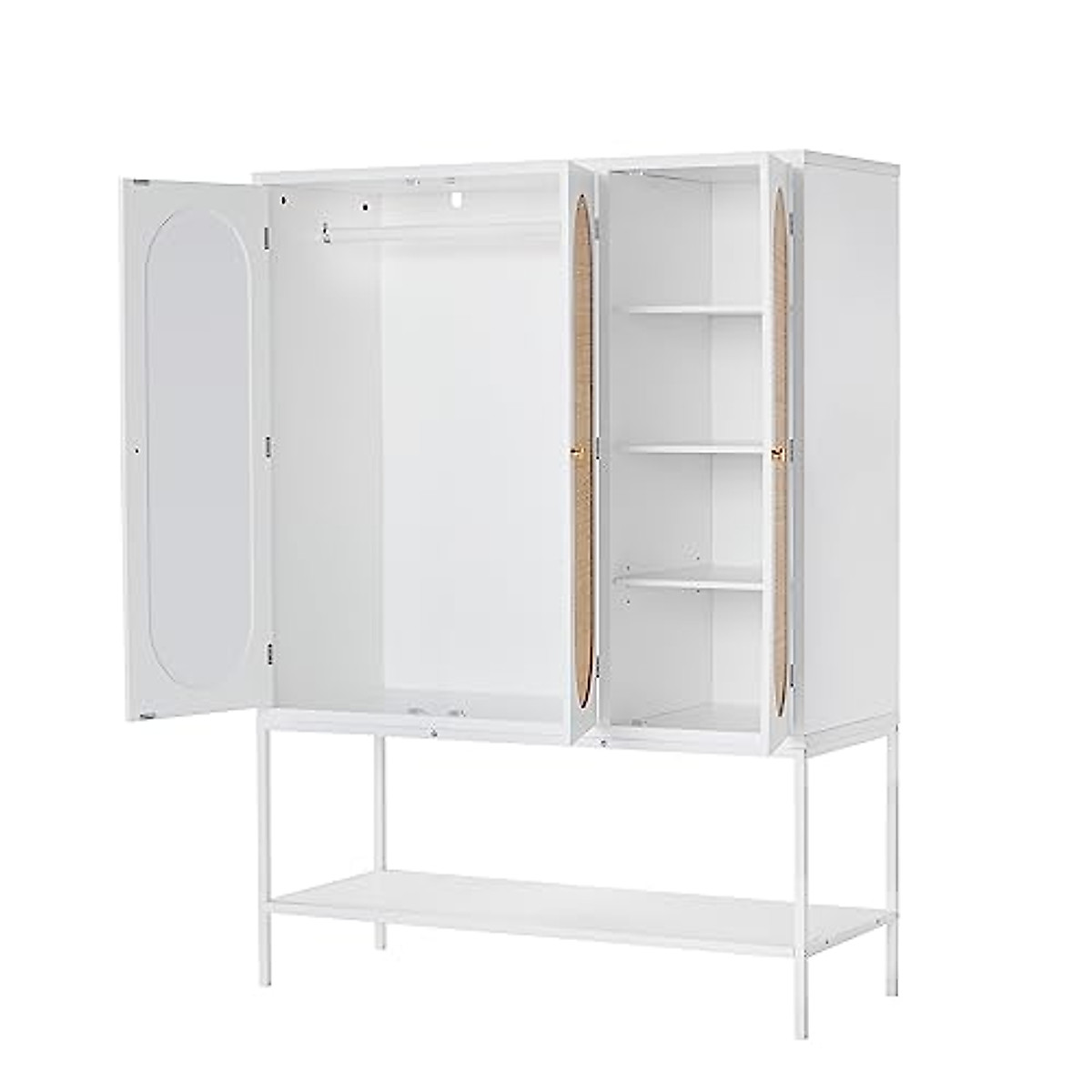 LEVNARY Large Armoire Wardrobe Closet with 3 Doors, Rattan Wardrobe Cabinet with Shelves and Hanging Rail for Clothes, Freestanding Wooden Closet for Bedroom, White (47.24" W x 18.89" D x 62.99" H)