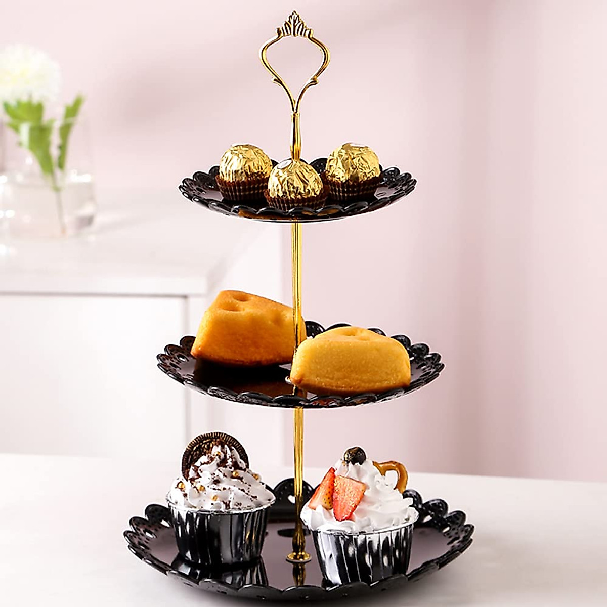 Set of 5 Party Cupcake Stand Includes 2 Pcs 3 Tier Cake Stand + 3 Rectangle Plastic Serving Trays for Wedding Birthday Baby Shower Tea Party (Black)