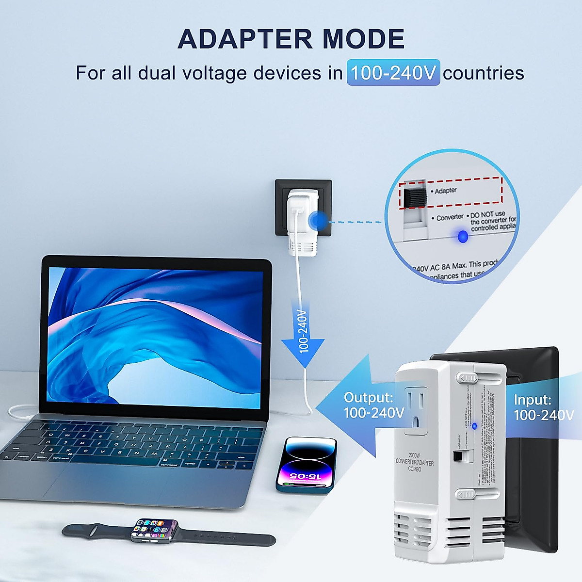 Universal Travel Adapter and Converter Combo Power Voltage Converter Step Down Voltage 220V to 110V for Europe/UK/AU Over 150 Countries White