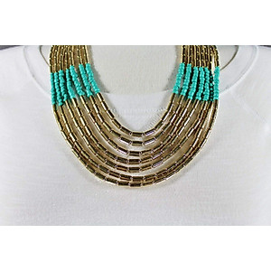 Turquoise Gold 7-Strand Layered Bib Beaded Necklace Statement Piece For Women