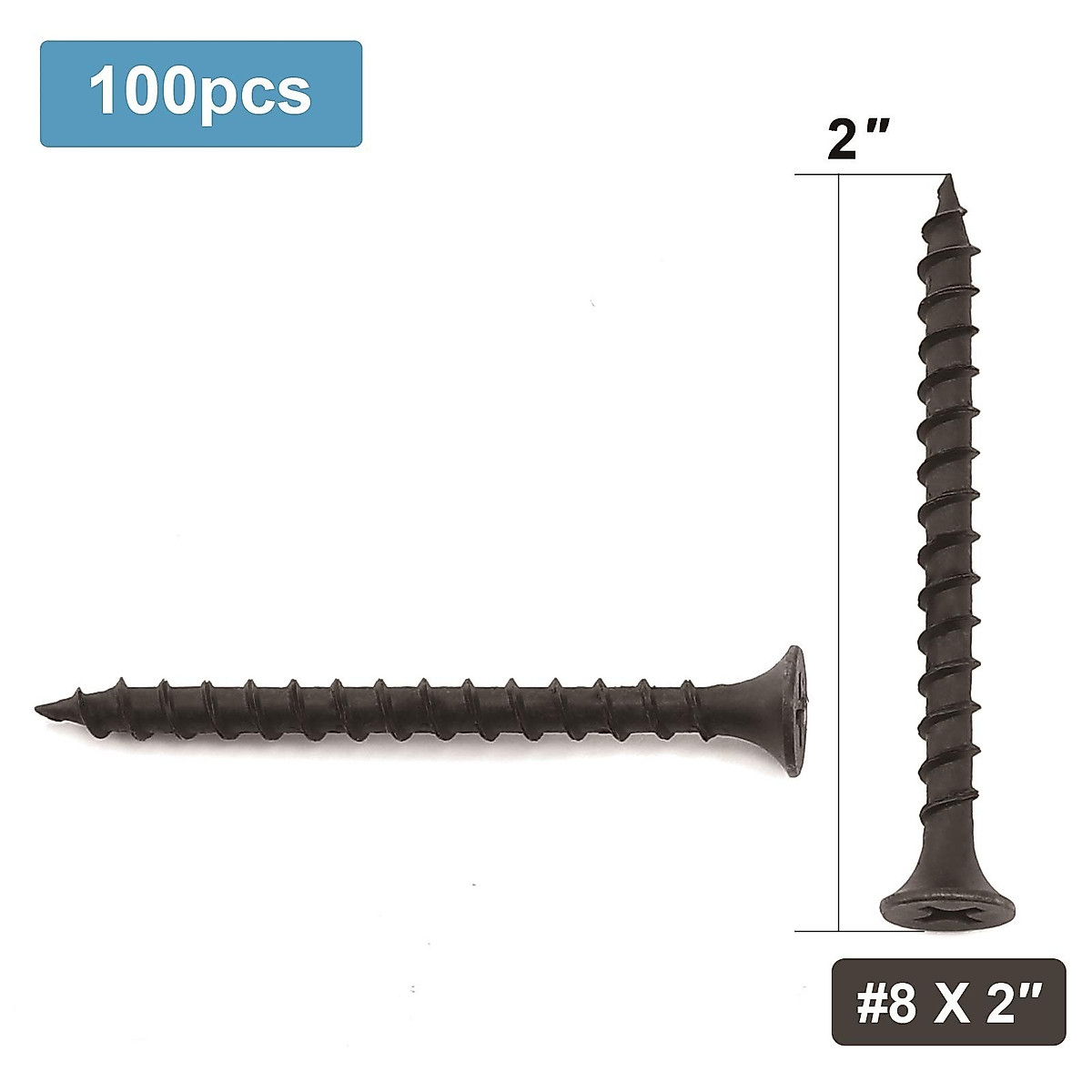 #8 x 2 Inch Wood Screw 100PCS Black Phosphate Coated Stainless Flat Truss Head Fast Self Tapping Drywall Screws by SG TZH