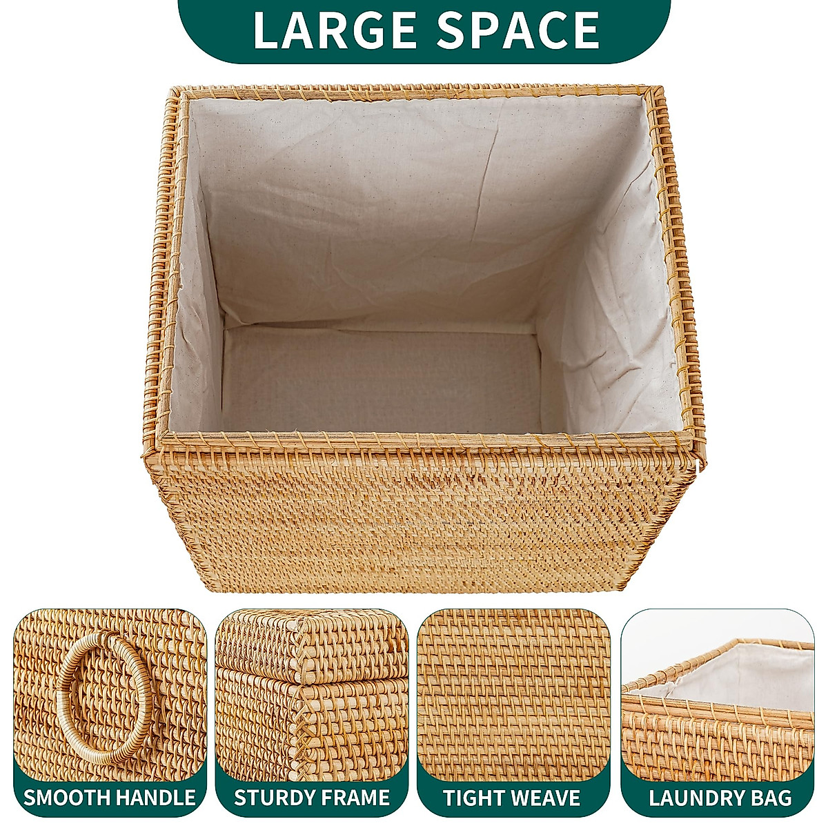 Peslran 19"×15"×21.3" Rattan Laundry Basket With Handle, Rattan Laundry Hamper With Liner Bag, Rectangle Wicker Large Hampers For Organizing Clothes Kids Toys Books