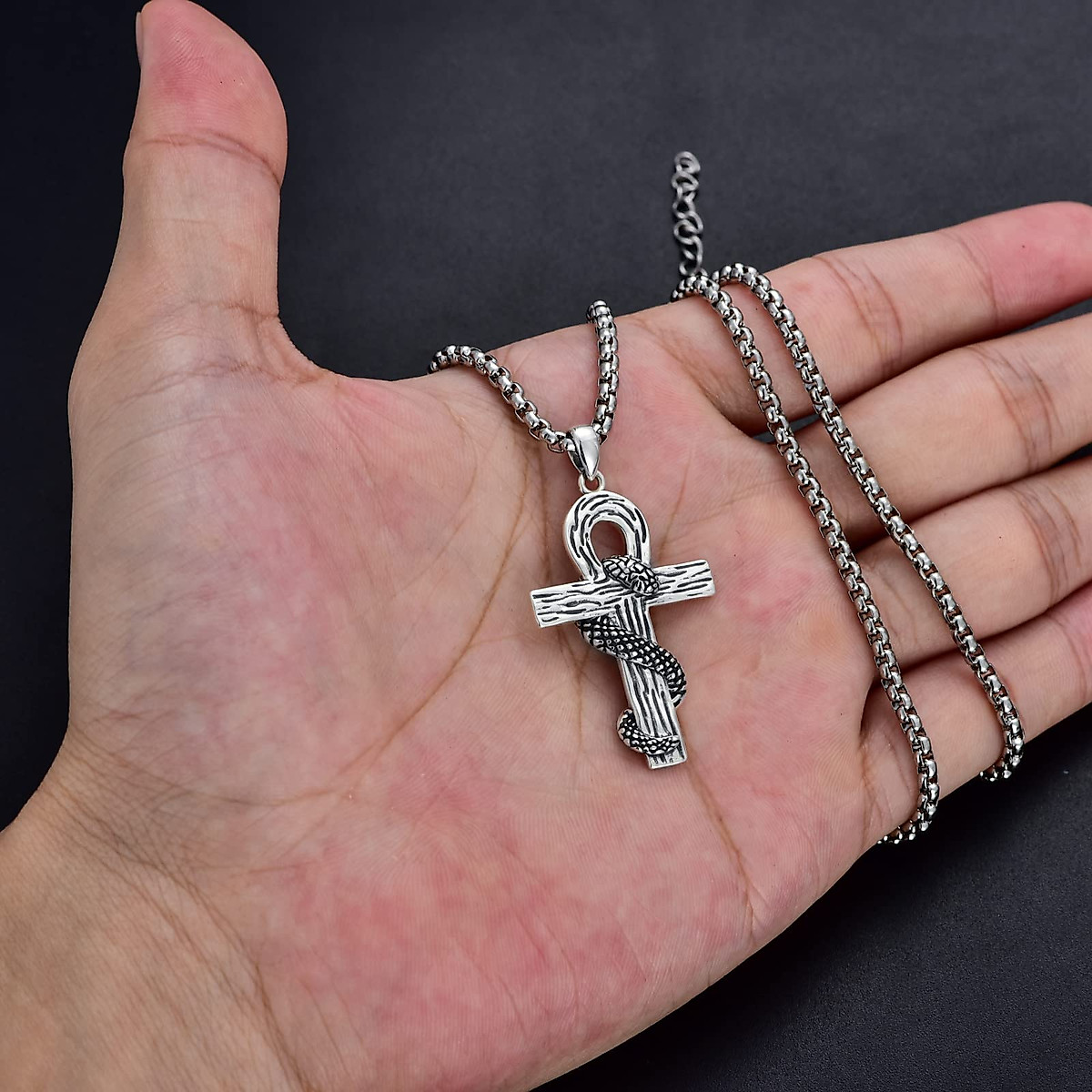 PDTJMTG Ankh Necklace Sterling Silver Egyptian Ankh Snake Cross Pendant with Stainless Steel Chain Gift for Men Women