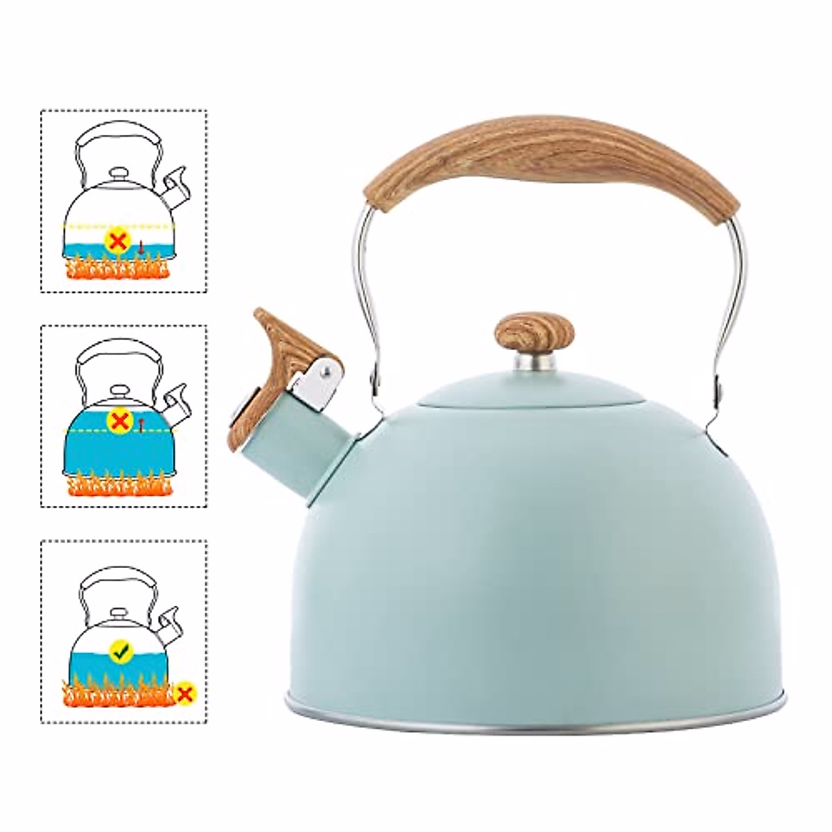 Tea Kettle,2.6 Quart Whistling Tea Kettle,Teapot for Stovetop,Food Grade Stainless Steel Teapot with Wood Pattern Handle, Loud Whistle Kettle for Tea, Coffee, Milk(Green-2.6 Quart)