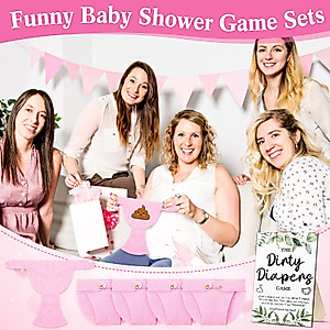 Roowest 51 Pcs Dirty Diaper Baby Shower Games Funny Wooden Dirty Diaper Game Sign with 50 Pcs Mini Diapers Cute Felt Diaper for Gender Reveal Party Baby Shower Game(Greenery Pink)