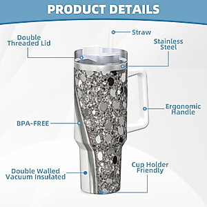 Zsuugj Silver Sparkle Glam Bling 40 Oz Tumbler With Handle And Straw Lid Car Cup Stainless Steel Water Bottles Insulated Coffee Cup Travel Mug Gifts For Men Women