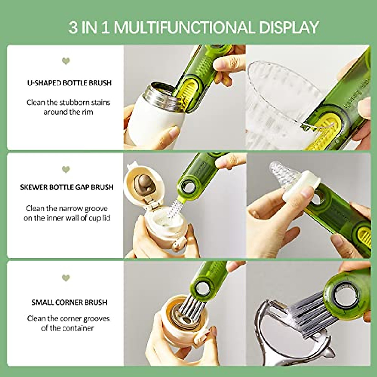 Water Bottle Cleaner Brush Set, Meritpick 3 in 1 Multipurpose Bottle Gap Cleaner Brush & Long Handle Silicone Bottle Brush & Straw Cleaner Brush for All Water Bottle, Baby Bottles (Green)