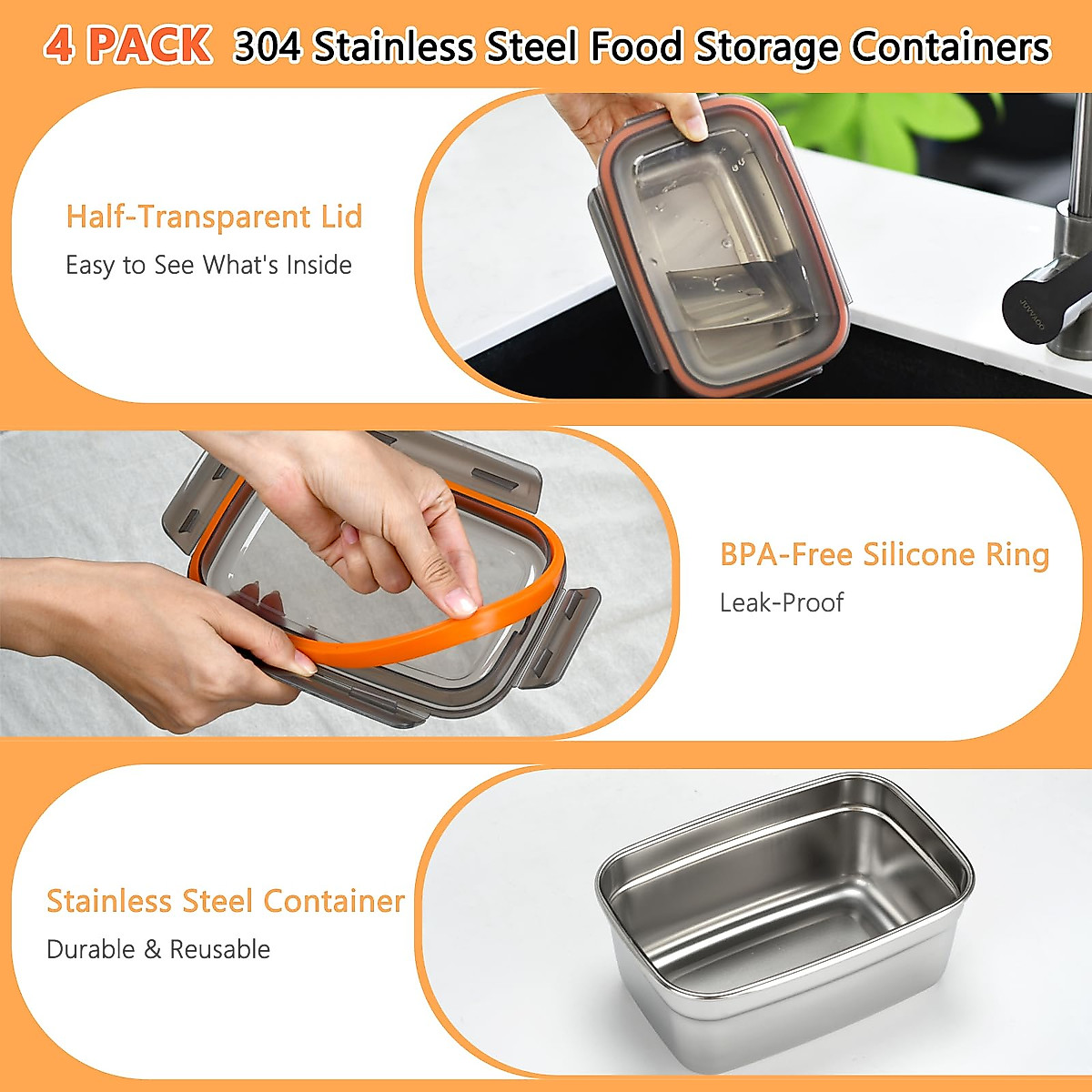 4 Pack Food Storage Containers with Lids, Stainless Steel Fridge Storage Containers Airtight Leak-Proof Metal Storage Containers for Food Leftover Storage at Home or for Camping Trip Road Trip