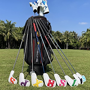 Barudan Golf Iron Club Head Covers set Headcovers for Callaway Ping S5 - Big Colorful Number - Long Neck - Black Pu Leather fits Small Standard Oversized Golf Clubs 10pcs/Pack (White+Color Number)