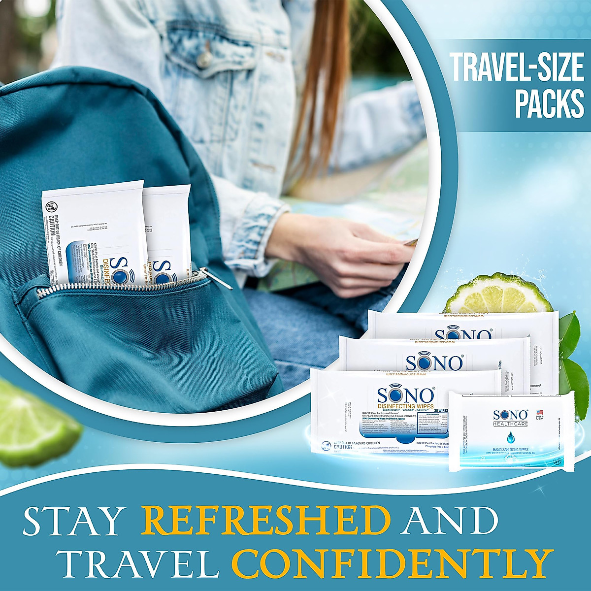 SONO Disinfecting Wipes - Alcohol-Free, Unscented, and No Bleach | Travel Size for Spring Season | Powerful Multi-Surface Cleaning On-The-Go | 3 Pack of 20 Wipes + 1 Pack of 20 Sanitizing Wipes