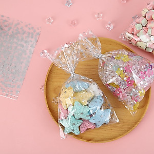 LEOSINDA 100 pcs Clear 6"X 10" Flat Gift Wrap Cellophane Bags Cello Bags Cookie Bags Treat Bags with Twist Ties Poly Bag 1.3 mil for Bakery, Cookie, Candies Silver Star Printed