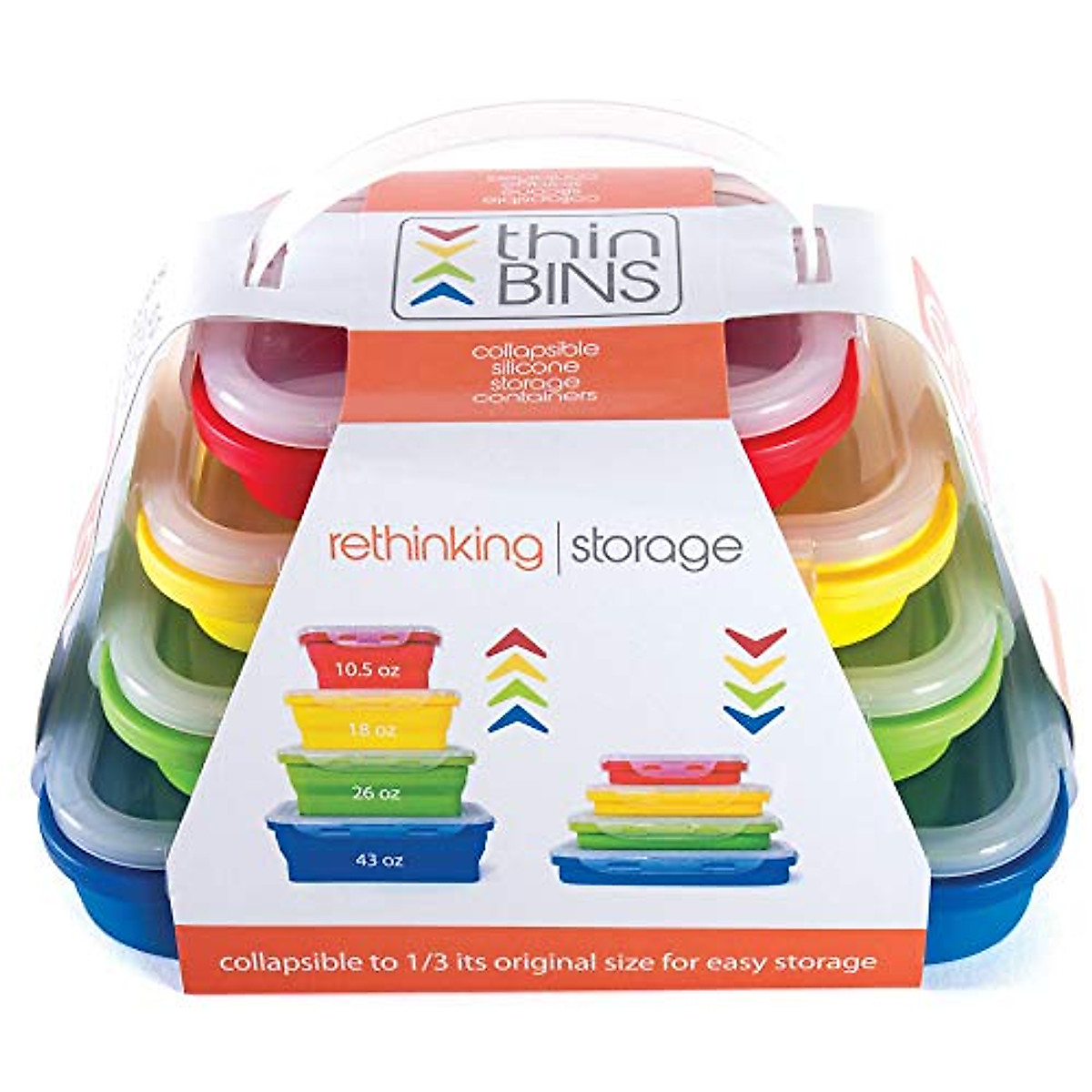 Kitchen + Home Thin Bins Collapsible Containers – Set of 4 Rectangle Silicone Food Storage Containers – BPA Free, Microwave, Dishwasher and Freezer Safe