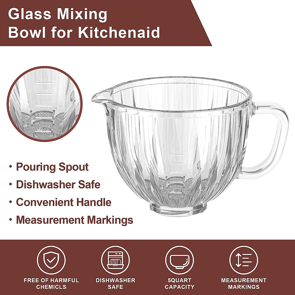Glass Mixer Bowl for Kitchenaid 4.5-5QT Tilt-Head Stand Mixer, 5 Quart Glass Bowl with Measurement Markings, Glass Mixing Bowl with Kitchenaid Artisan Mixer, Refrigerator & Dishwasher Safe by InnoMoon